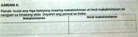 SOLVED Gawain 4 Panuto Isulat Ang Mga Kaisipang Maaring Makatotohanan