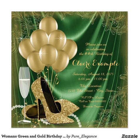 Womans Green And Gold Birthday Party Satin Glitter Invitation Zazzle