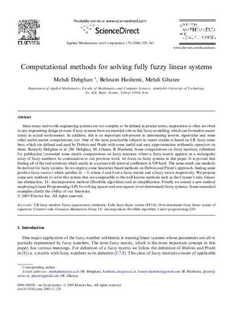 pdf computational methods for solving fully fuzzy linear systems mehdi ghatee