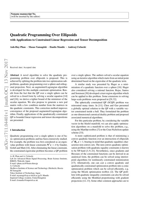 pdf quadratic programming over ellipsoids with applications to constrained linear regression
