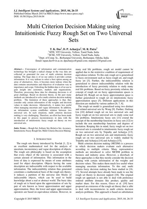 pdf multi criterion decision making using intuitionistic fuzzy rough set on two universal sets