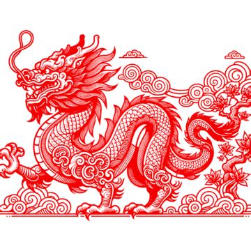 龍年中國龍插畫紅色剪紙 農曆新年 2024年中国新年 中国十二生肖素材圖案PSD和PNG圖片免費下載