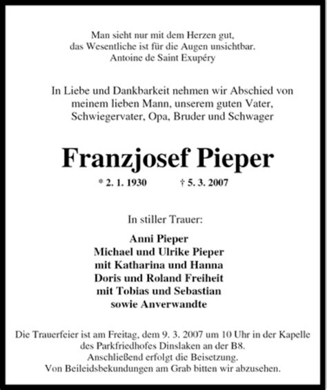 Traueranzeigen Von Franzjosef Pieper Trauer In NRW De