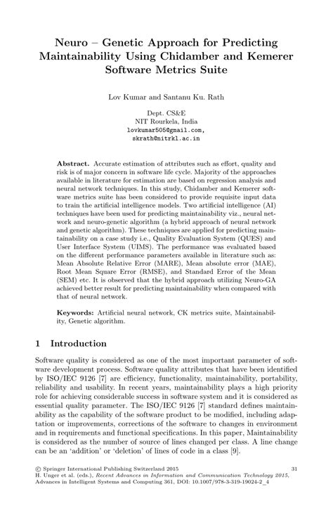 pdf neuro genetic approach for predicting maintainability using chidamber and kemerer
