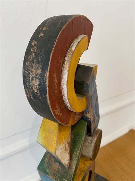 Proantic Sculpture Cubiste En Bois Polychrome Signature Illisible