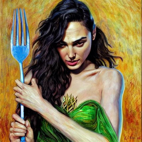 KREA AI Gal Gadot Holding A Fork A Vibrant Digital Oil Pa
