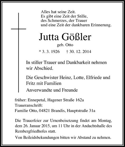 Traueranzeigen von Jutta Gößler Trauer in NRW de