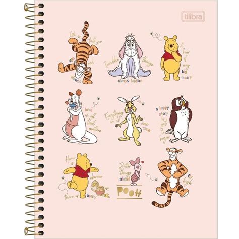 Caderno Colegial Ursinho Pooh Rosa Tilibra Espiral Capa Dura 10