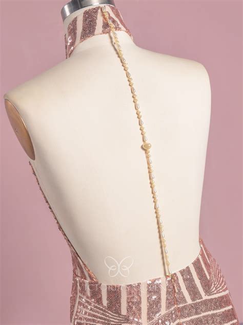 VQ Rose Gold Stripe Pattern Sequin Cut Out Mermaid Prom Gown