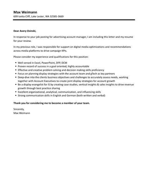 Advertising Account Manager Cover Letter Velvet Jobs