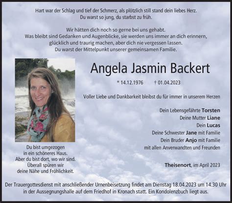 Traueranzeigen Von Angela Jasmin Backert Franken Gedenkt De