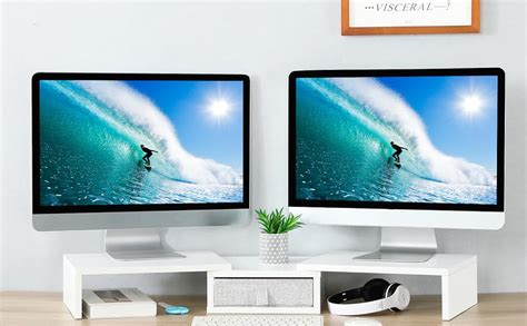 TEAMIX White Dual Monitor Stand Riser With Drawer Length And Angle