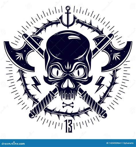 Aggressive Skull Pirate Emblem Jolly Roger With Weapons And Other