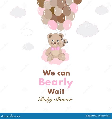 We Can Bearly Wait Text With Teddy Bear Rainbow And Clouds Vector