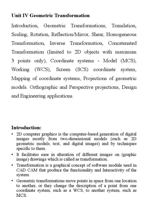 unit iv geometric transformation pdf 2 d computer graphics cartesian coordinate system