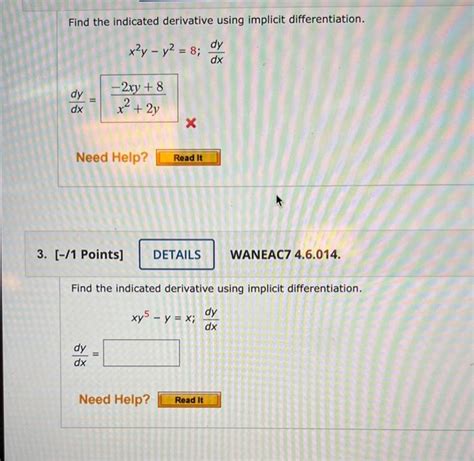 solved find the indicated derivative using implicit