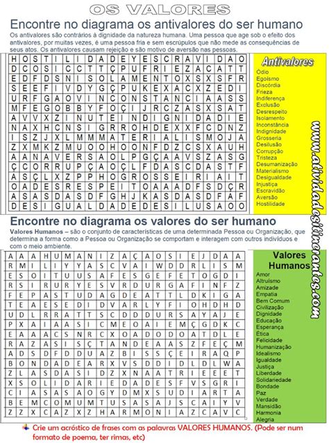 Ensino Religioso Caça palavras sobre Valores Humanos e Antivalores em
