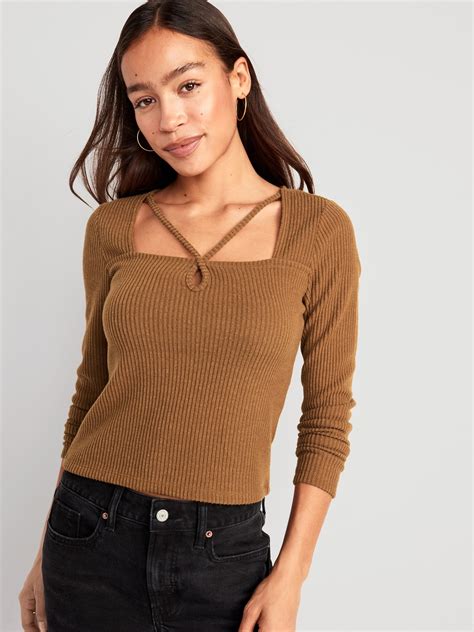 Fitted Long Sleeve Strappy Keyhole Top Old Navy
