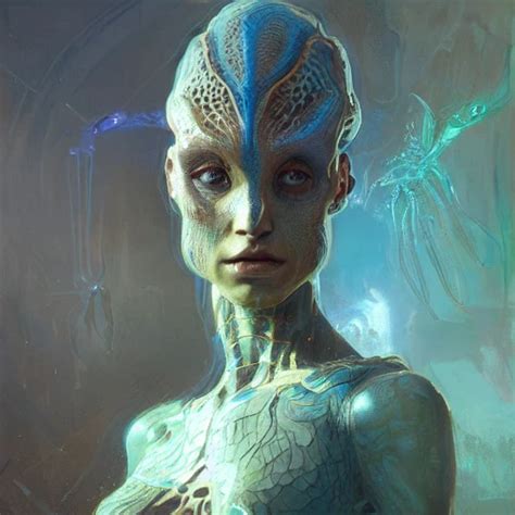 Professional Painting Of A Humanoid Alien With Exotic Aquatic F