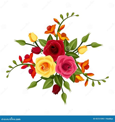 Rosas Rojas Y Amarillas Y Flores De La Fresia Ilustración Del Vector