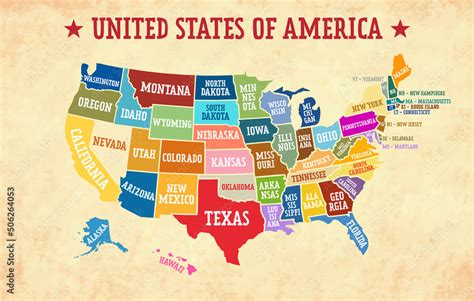 Multicolored Map Of United States Of America With Borders Of The States
