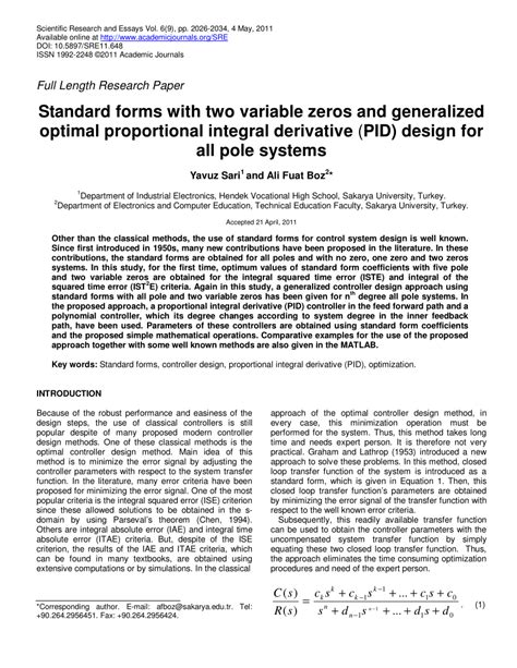 pdf standard forms with two variable zeros and generalized optimal proportional integral