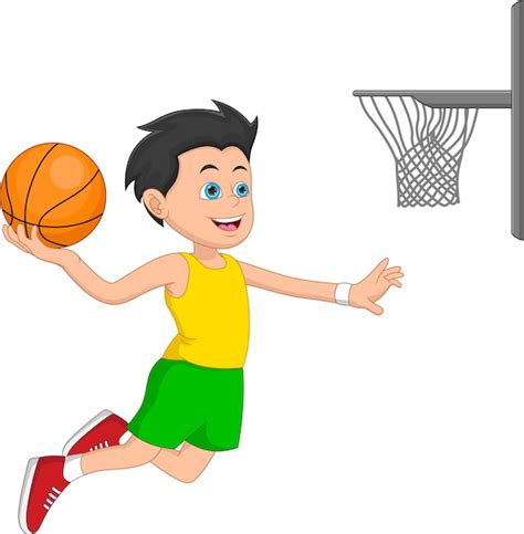 Chico Lindo De Dibujos Animados Jugando Baloncesto Vector Premium