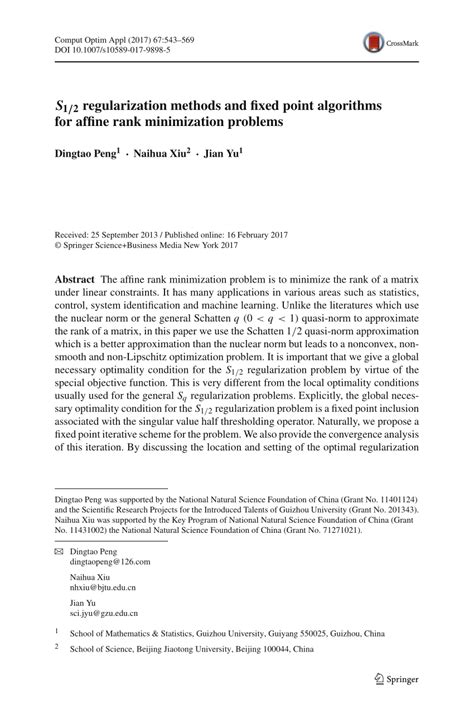 pdf s 1 2 regularization methods and fixed point algorithms for affine rank minimization problems