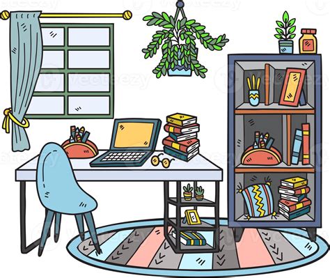 Hand Drawn Work Desk With Bookshelf And Window Interior Room