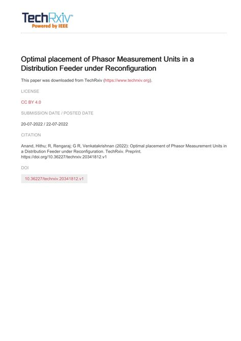 pdf optimal placement of phasor measurement units in a distribution feeder under reconfiguration