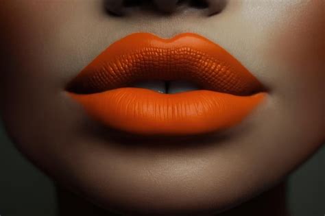 Primer plano de labios femeninos con lápiz labial naranja satinado