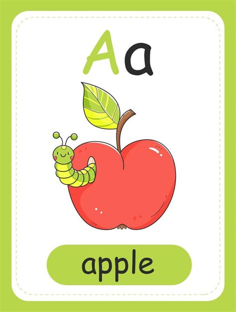 tarjeta del alfabeto para niños con la letra a y una manzana con oruga