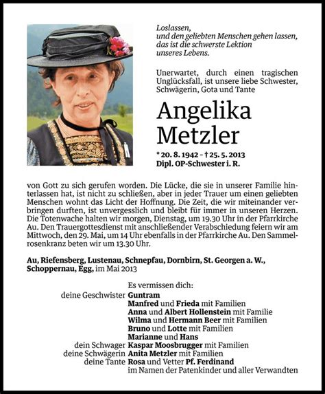 Todesanzeigen Von Angelika Metzler Todesanzeigen Vorarlberger Nachrichten