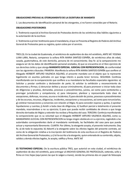 Mandato Especial Judicial Con Representacion Obligaciones Previas Al