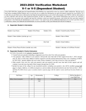 Fillable Online 20232024 Verification Worksheet V1 Dependent Student