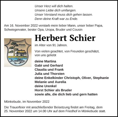 Traueranzeigen Von Herbert Schier Trauer Nordkurier