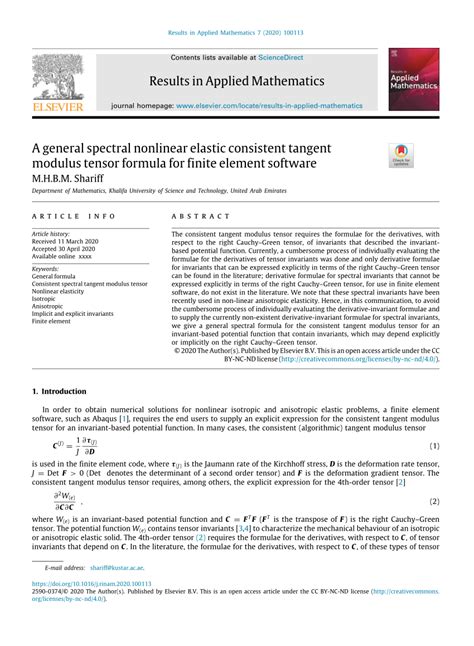 pdf a general spectral nonlinear elastic consistent tangent modulus tensor formula for finite