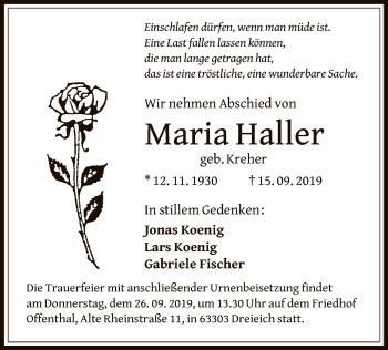 Traueranzeigen Von Maria Haller Trauer Op Online De