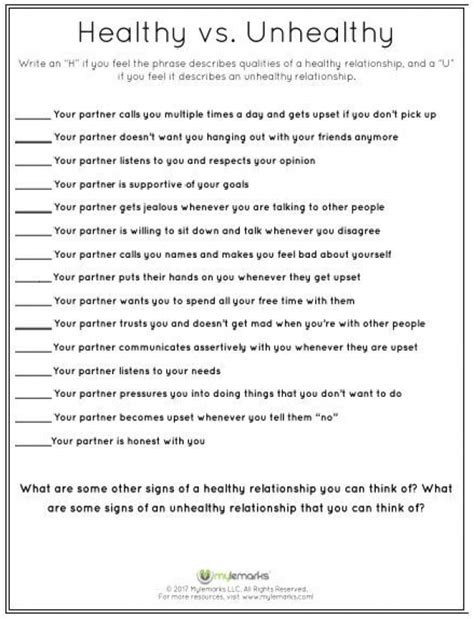 Healthy And Unhealthy Relationships Worksheets