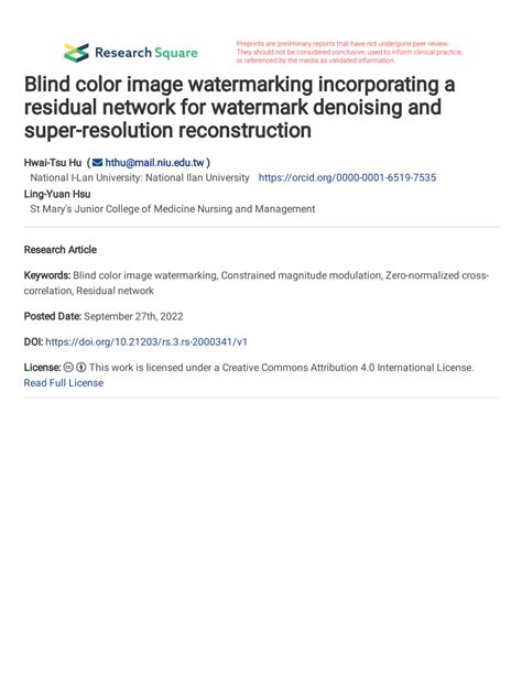 pdf blind color image watermarking incorporating a residual network for watermark denoising