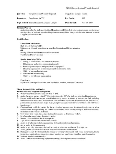 Fillable Online Paraprofessional Job Description Template Fax Email