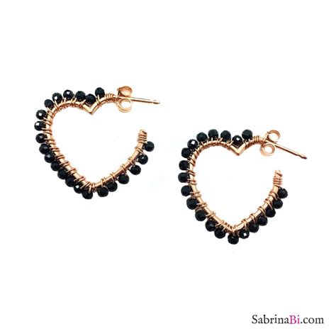 Orecchini Pendenti Argento 925 Oro Rosa Cuore Con Zirconi Neri