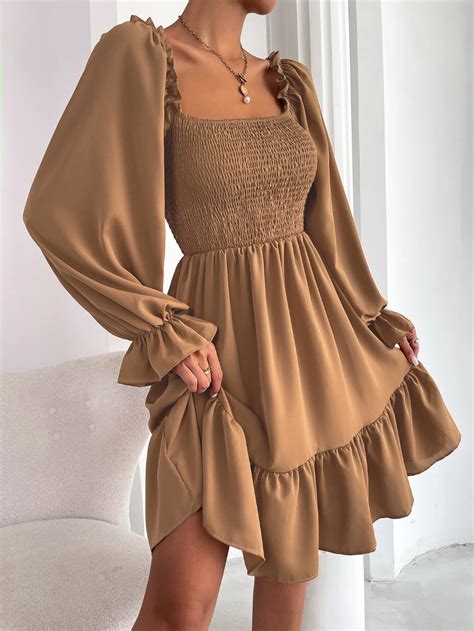 Square Neck Shirred Bodice Flounce Sleeve Ruffle Hem Dress Artofit