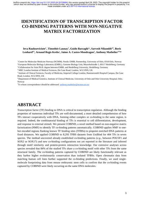 pdf identification of transcription factor co binding patterns with non negative matrix