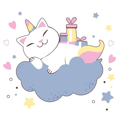 Lindo gato unicornio con corazón y estrella happy kitten meow kawaii