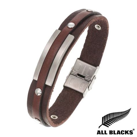 Bracelet Acier CUIR MARRON PLAQUE RIVET ALL BLACKS BIJOUX ACIER POUR