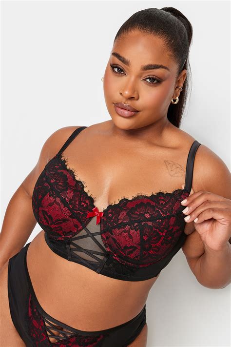 YOURS Plus Size Black Red Lace Strap Detail Padded Longline Bra
