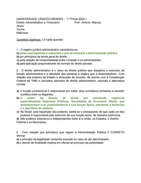 1 ª Prova Direito Administrativo Curso de Gestão 2022 UNIVERSIDADE