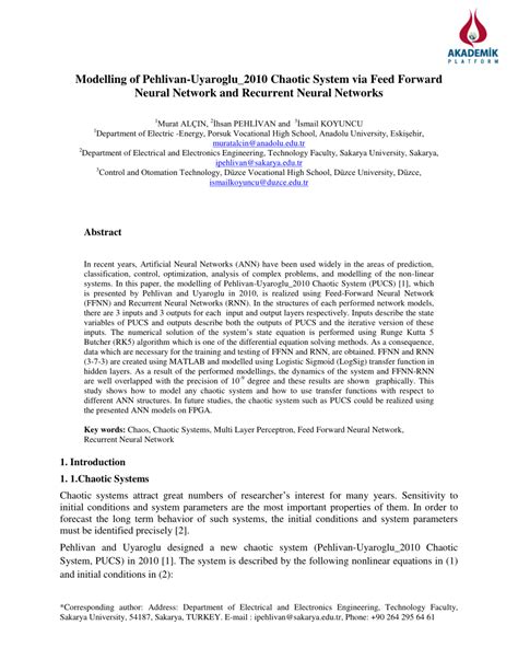 pdf modelling of pehlivan uyaroglu 2010 chaotic system via feed forward neural network and