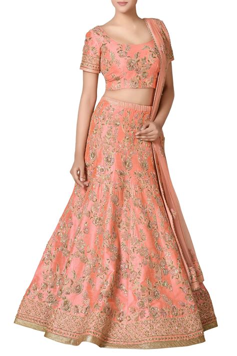 Buy Peach Silk Blend Embroidered Zardozi Round Bridal Lehenga Set For
